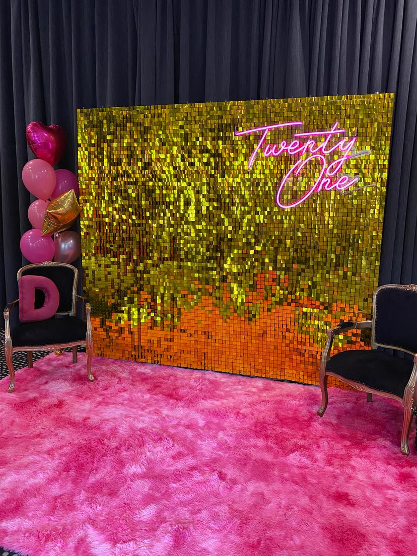 Shimmer Wall & Neon Sign Backdrop Package Birthday Hire Brisbane